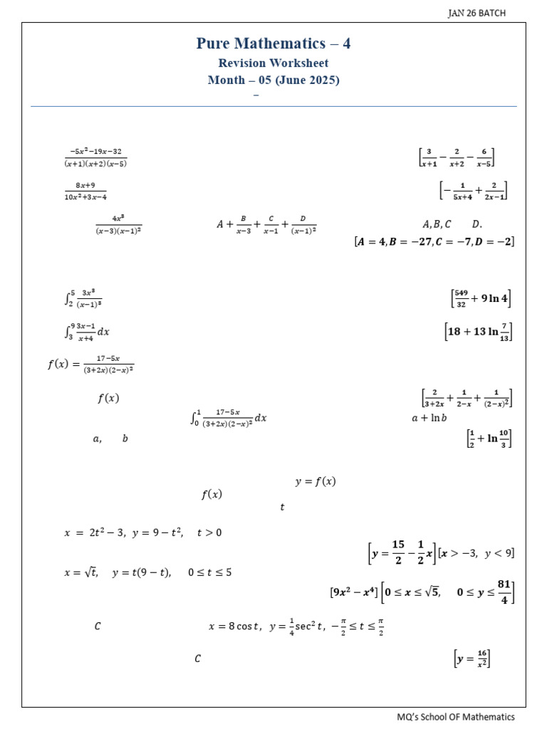 Pure Mathematics 4 Revision Worksheet 5th Edition | PDF | Mathematical ...