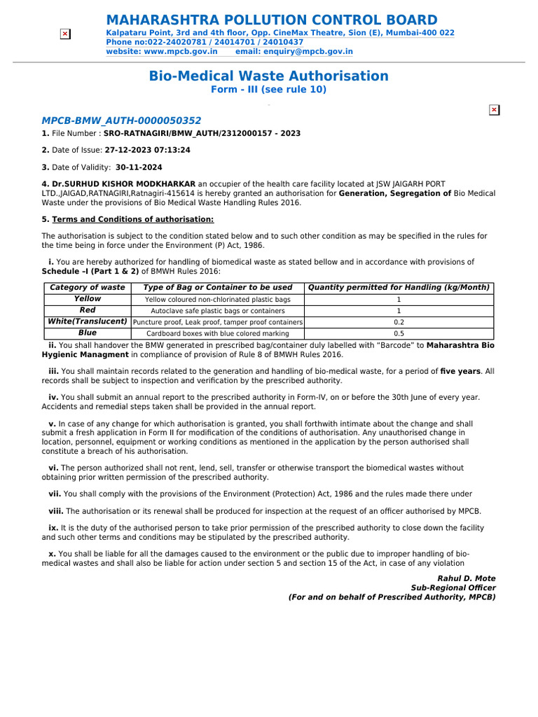 MPCB-BMW - AUTH-0000050352: Form - III (See Rule 10) | PDF | Justice ...
