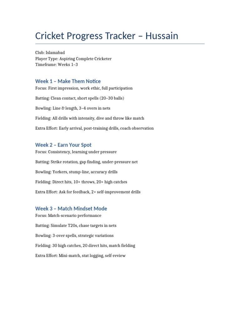 Hussain Cricket Progress Tracker Weeks1-3 | PDF