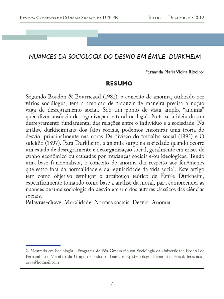 Nuances Da Sociologia Do Desvio Em Emile | PDF | Émile Durkheim | Sociologia