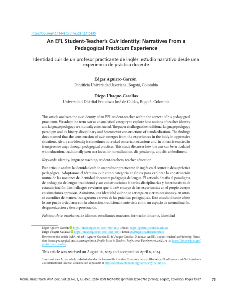 An EFL Student-Teacher's Cuir Identity - Narratives From A Pedagogical Practicum Experience ...