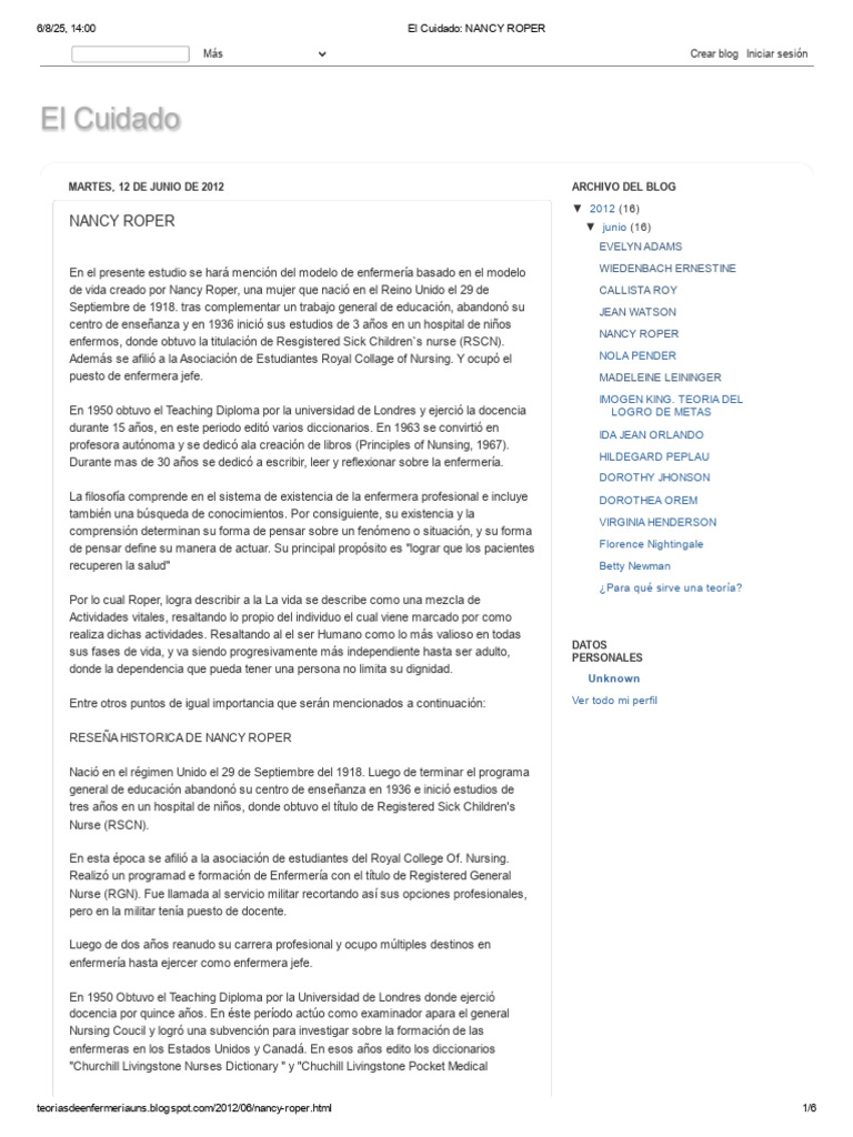 Modelo de Enfermería de Nancy Roper | PDF | Enfermería | Sicología