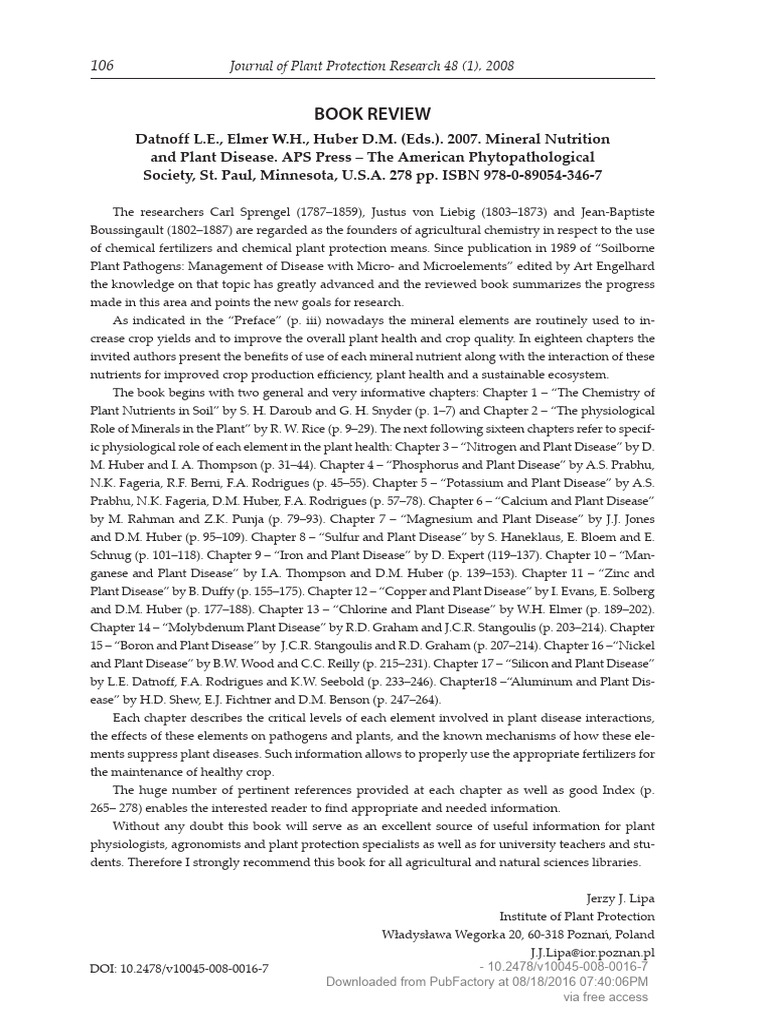 Book Review Datnoff L E Elmer W H Huber | PDF | Biology | Chemistry