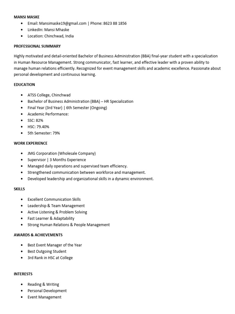 Mansi Maske Resume PDF | PDF