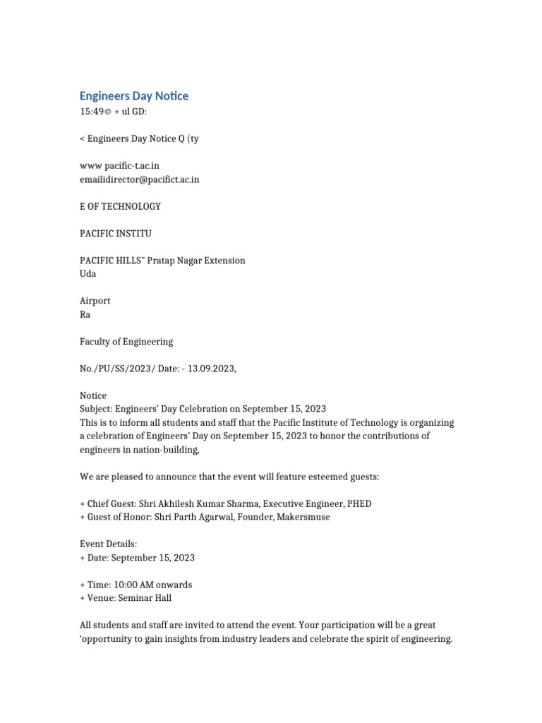 Engineers' Day Celebration Notice 2023 | PDF