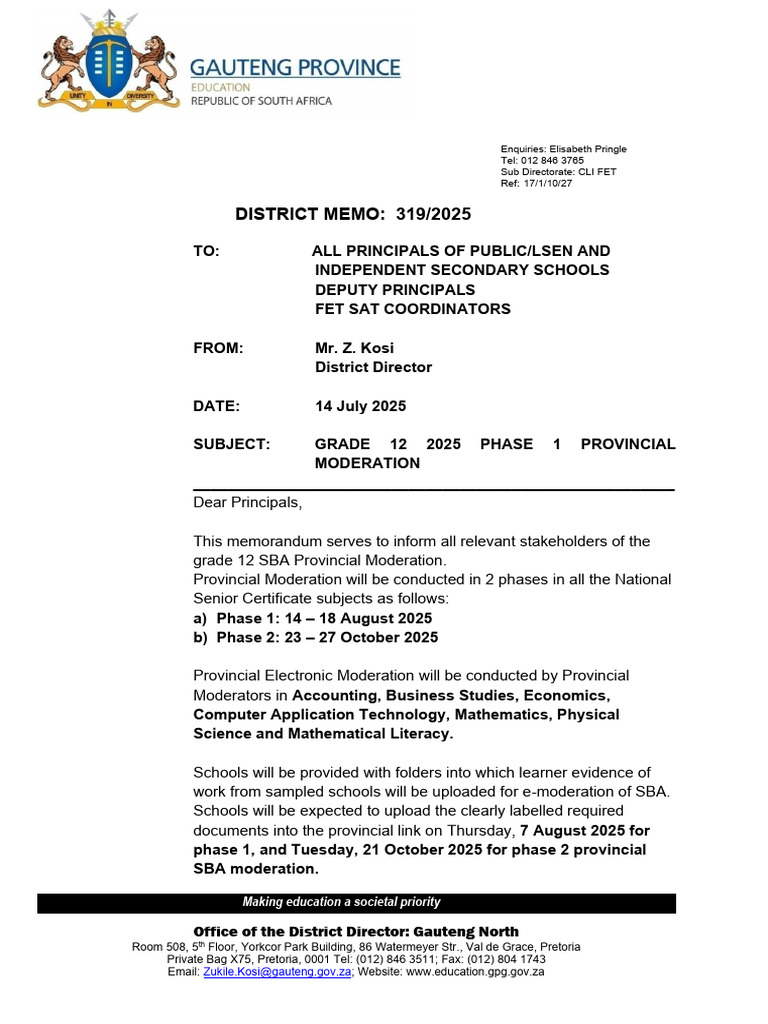 Memo 319 of 2025 GR 12 Phase 1 Provincial Moderation Signed | PDF
