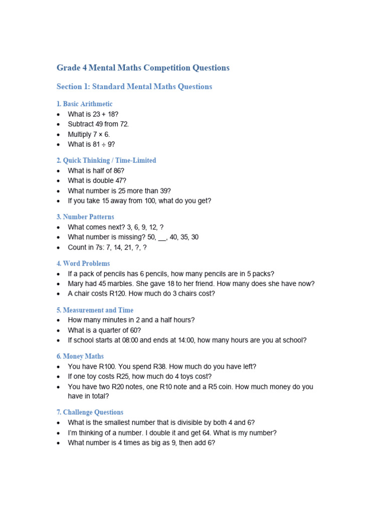 Grade 4 Mental Maths Competition | PDF