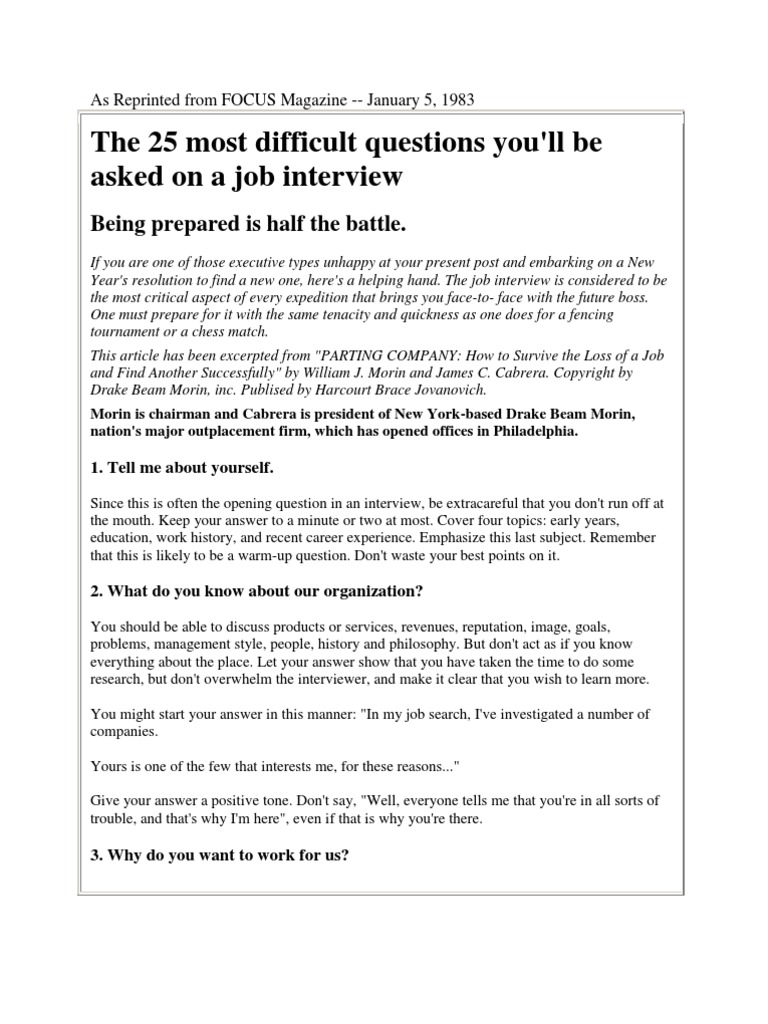 The 25 Most Difficult Questions You'Ll Be Asked On A Job Interview ...