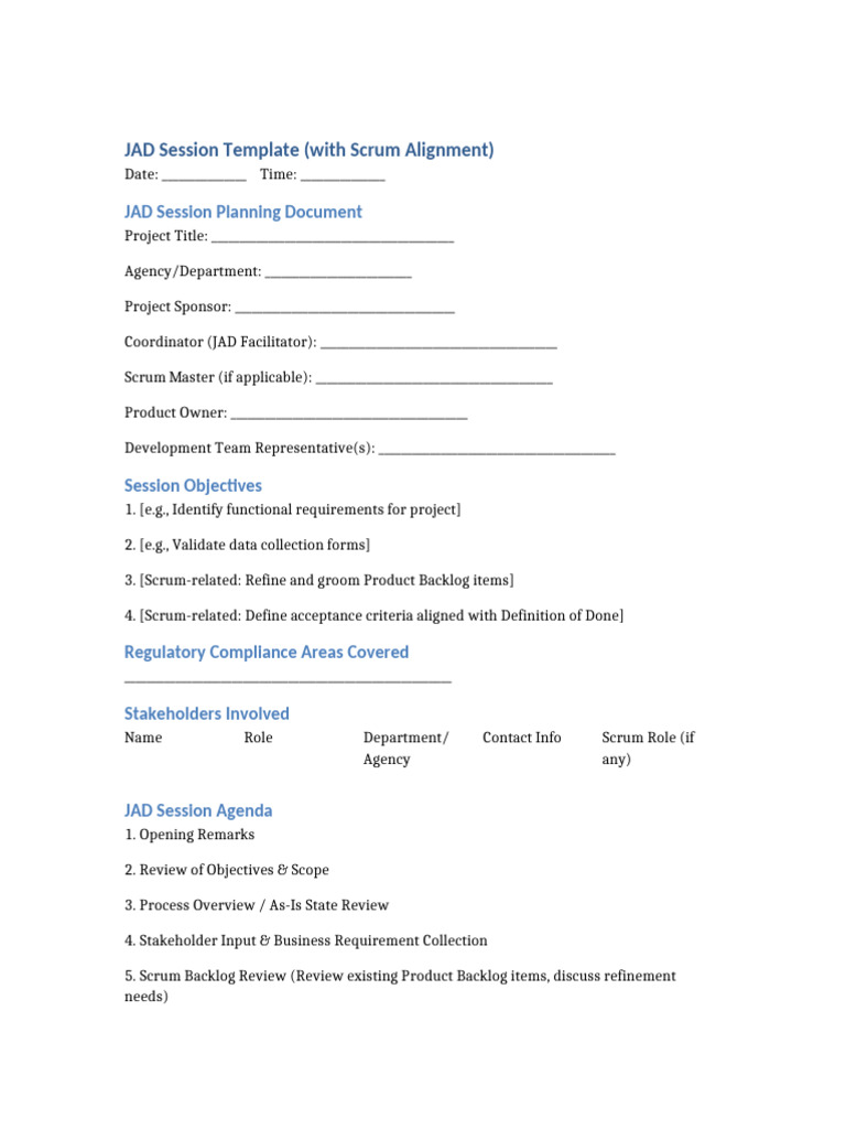 JAD Session Template for Agile Projects | PDF | Scrum (Software ...