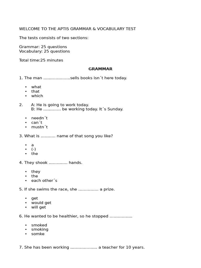 Aptis General Grammar & Vocabulary Practice | PDF