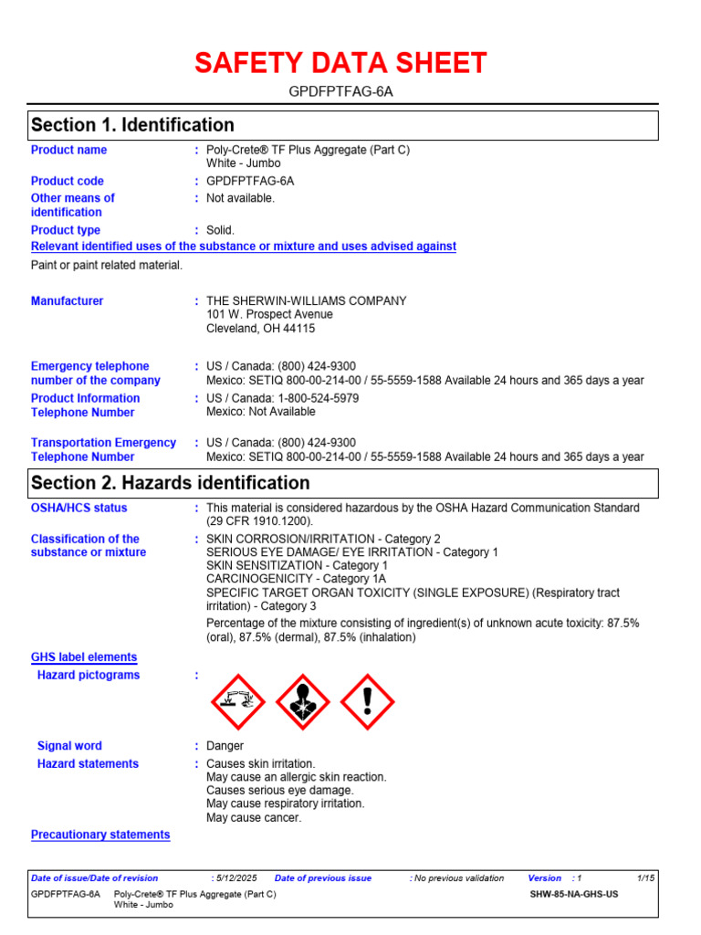 Polycrete TF Plus Aggregate | PDF | Toxicity | Safety