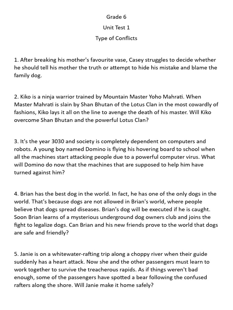 Grade 6 Unit Test 1 Type of Conflicts Questions | PDF