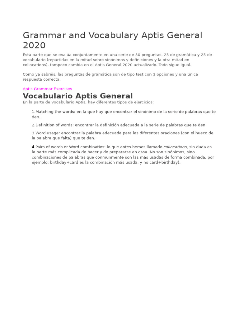 Aptis General Grammar & Vocabulary Practice 2 | PDF