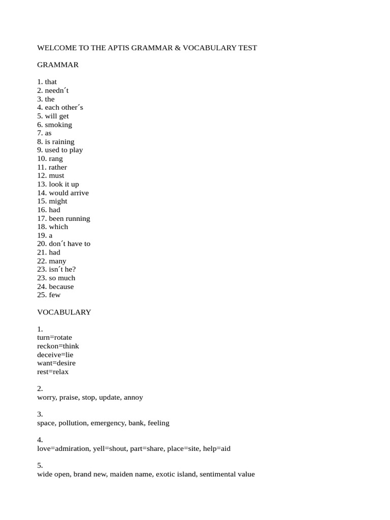 Aptis General Grammar & Vocabulary Practice Answers | PDF