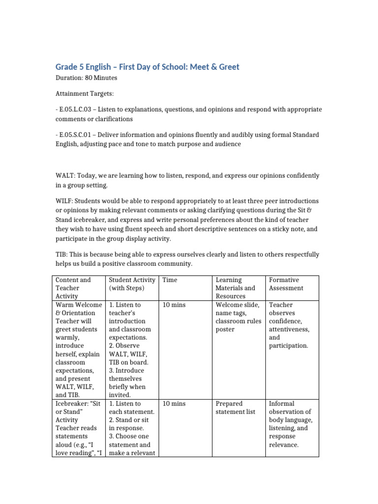 Grade5 English FirstDay LessonPlan | PDF | Psychological Concepts | Cognition