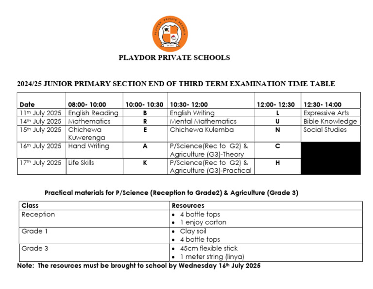 Junior Primary Section End of Third Term Examination Time Table 2024 ...