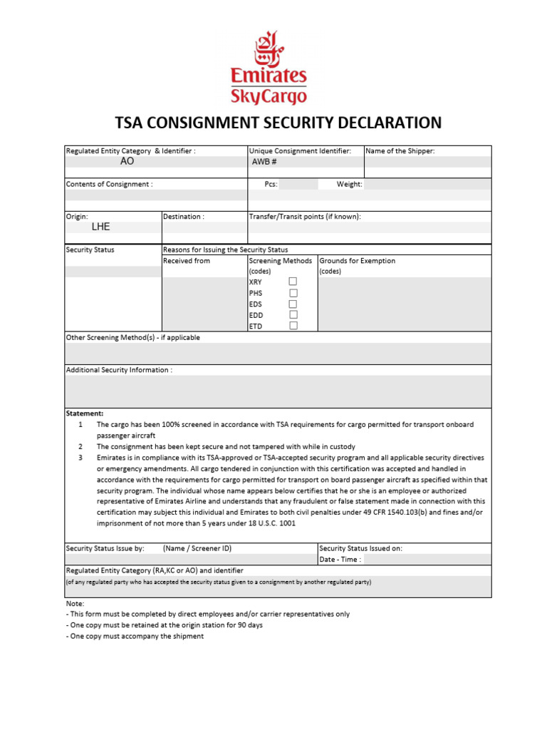 TSA Consignment Security Declaration | PDF | Cargo | Transportation ...