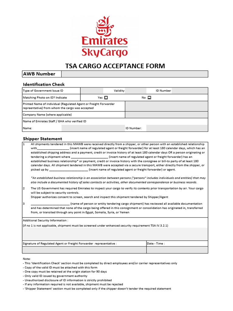 TSA Cargo Acceptance Form Guide | PDF | Cargo