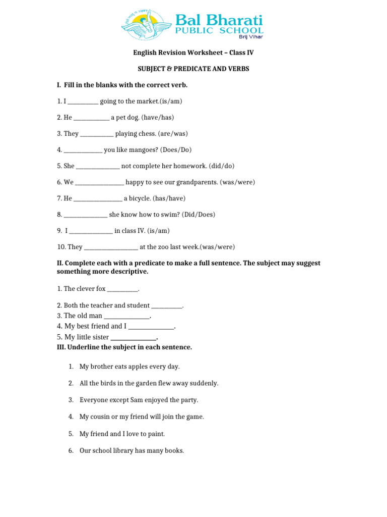 Class IV English Revision Worksheet On Verbs and Subject and Predicate ...
