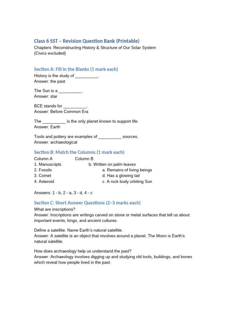 Class 6 SST Revision Question Bank | PDF
