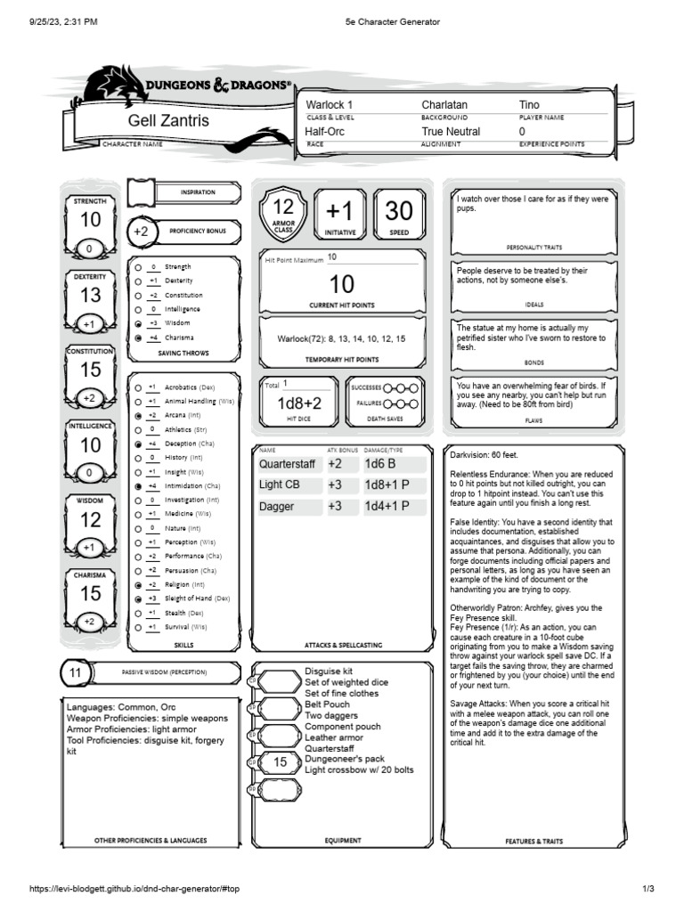 Gell Zantris: Half-Orc Warlock Profile | PDF | Role Playing Games ...