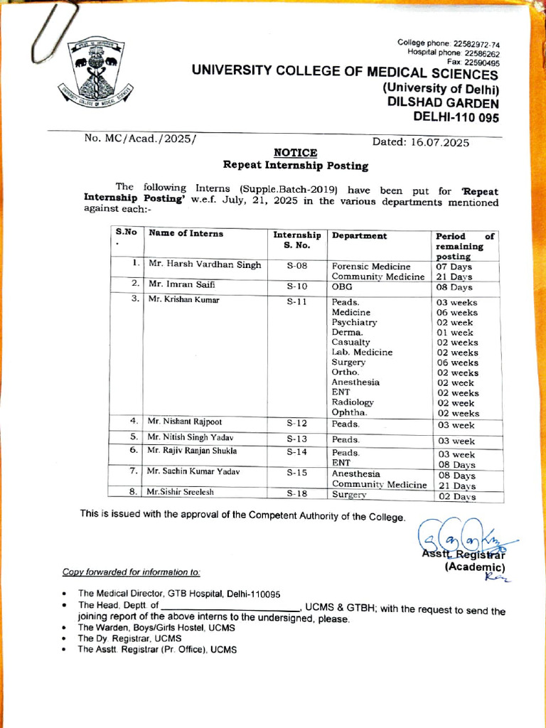 UCMS Repeat Internship Posting Notice | PDF | Educational Stages ...