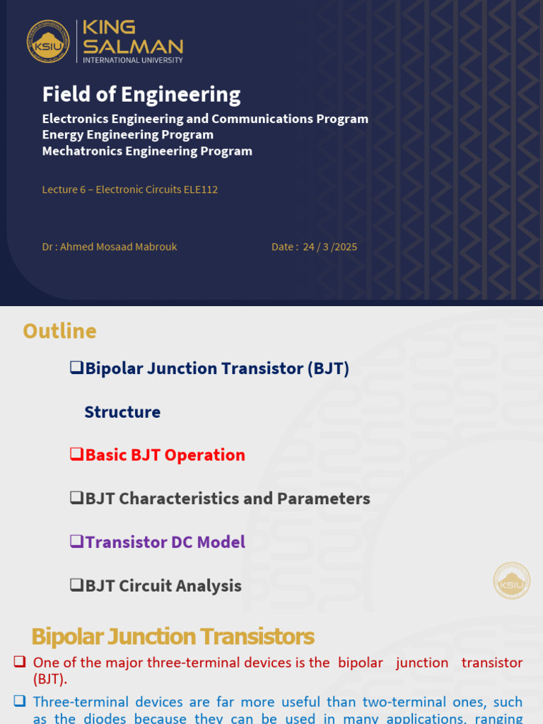 BJT Fundamentals in ELE112 Lecture | PDF | Bipolar Junction Transistor ...