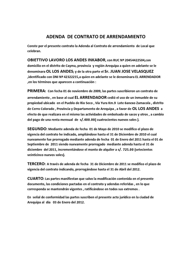 Modelo De Adenda Ao Contrato De Trabalho