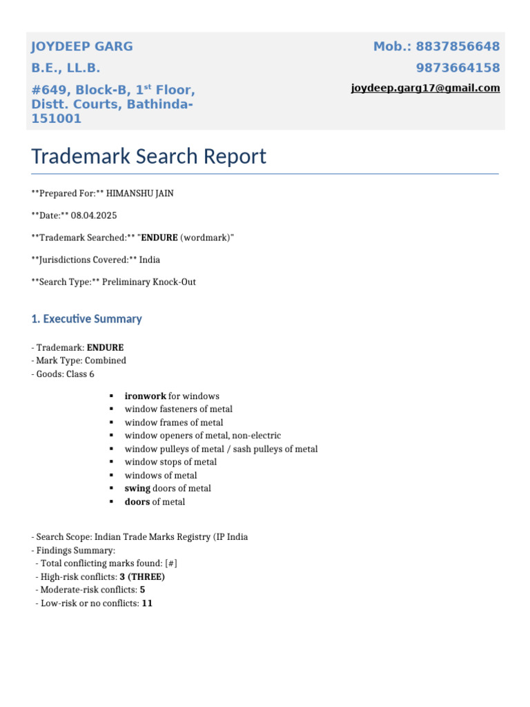 Trademark Search Report for "ENDURE" | PDF | Trademark