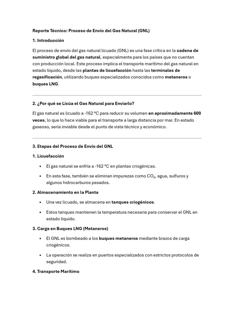 Reporte Técnico Proceso de Envío Del Gas Natural (GNL) | PDF | Gas natural licuado | Gases