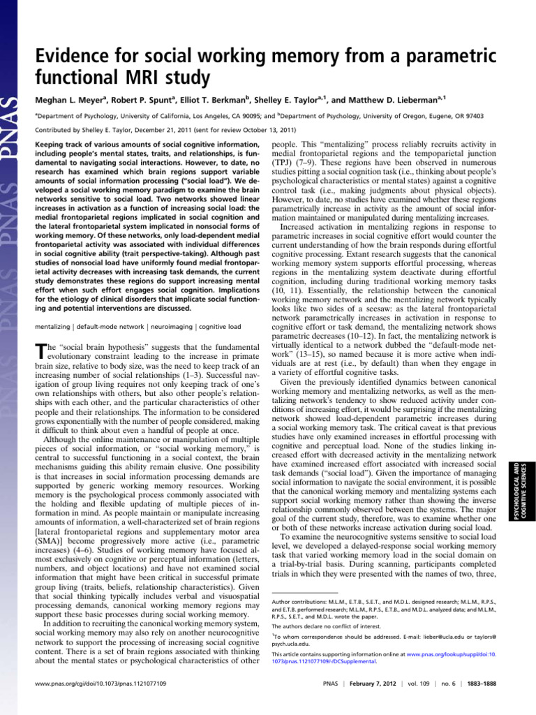 Meyer - 2011 Social Working Memory | PDF | Working Memory | Memory