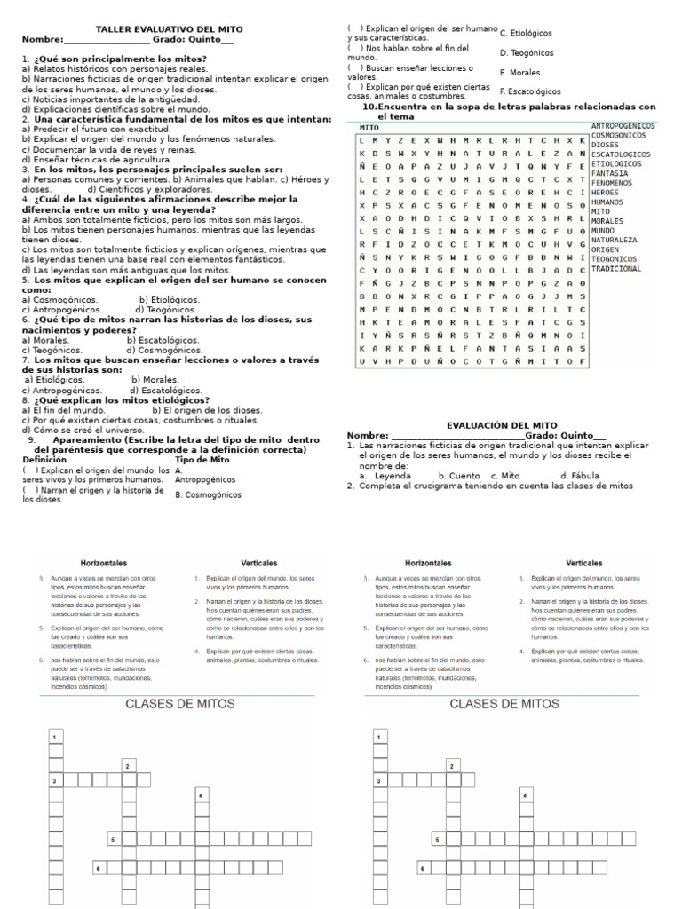 Taller Evaluativo Del Mito Grado Quinto | PDF | Leyendas | Creencia ...