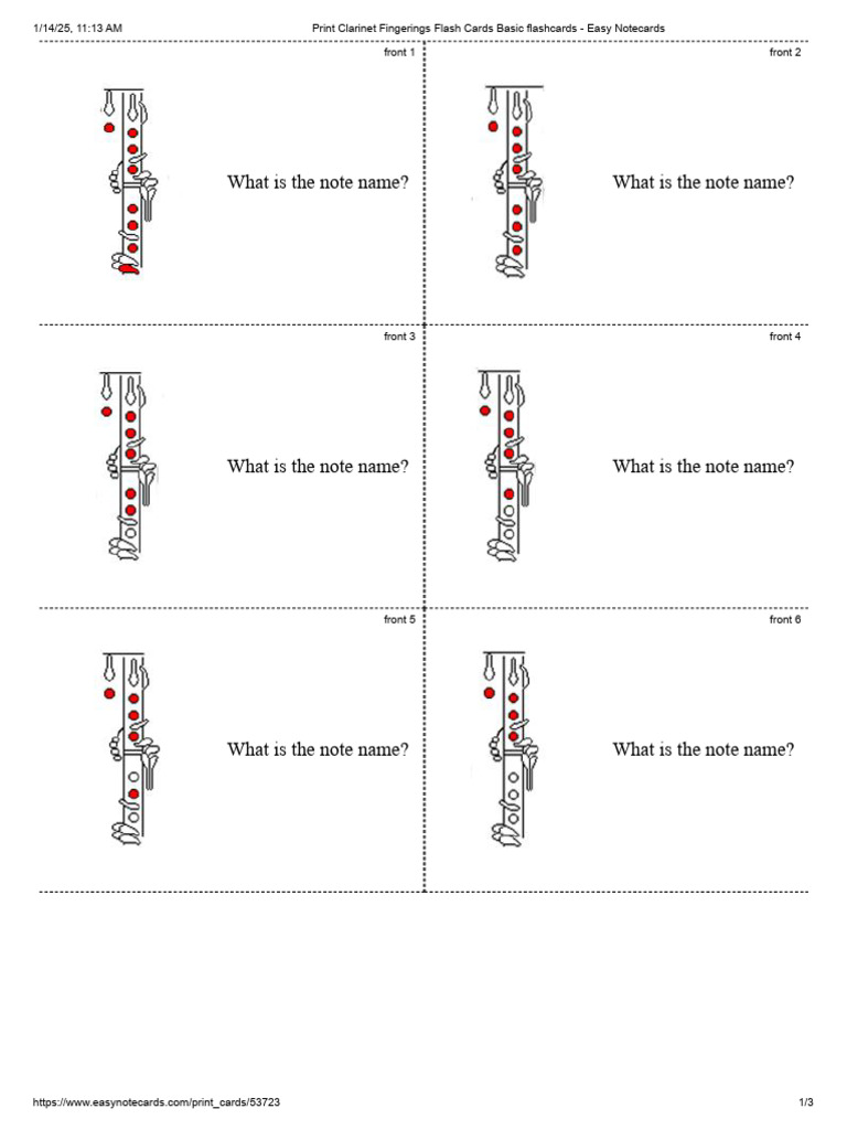 Print Clarinet Fingerings Flash Cards Basic Flashcards - Easy Notecards ...