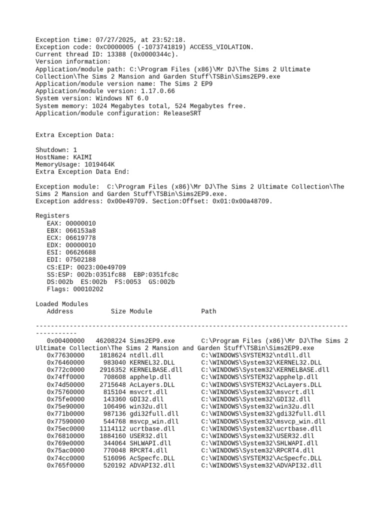 Sims2Exception 2025.07.27 23.52.17 | PDF | Computer Engineering | Computer Architecture