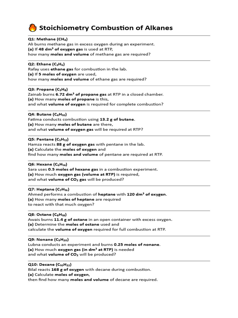 ? Stoichiometry Combustion of Alkanes | PDF
