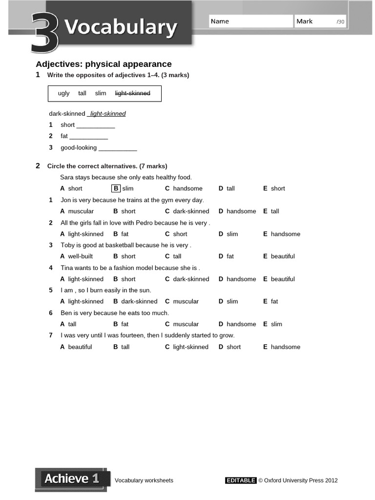 Editable Vocabulary Worksheets for Adjectives | PDF | Semantic Units ...
