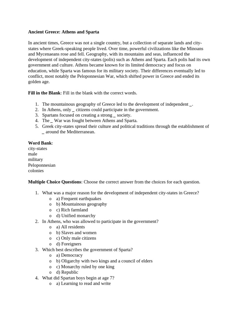 Greece City-States Chapter Test Guide | PDF | Ancient Greece | Sparta
