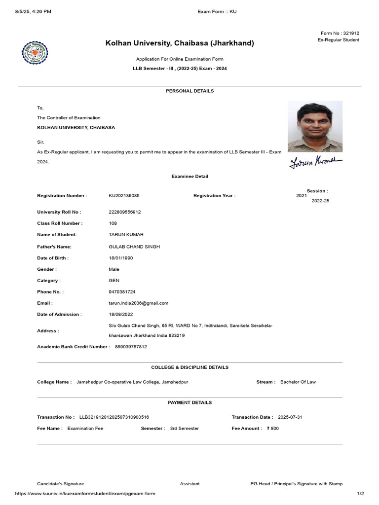 Tarun 3rd 2025exam Form Ku | PDF | Vocational Education | Qualifications