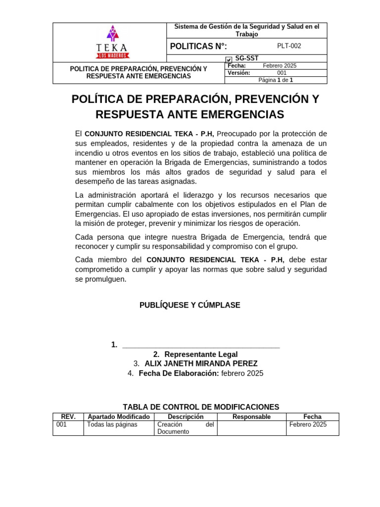PLT-002 Política de Preparación, Prevención y Respuesta Ante Emergencias | PDF