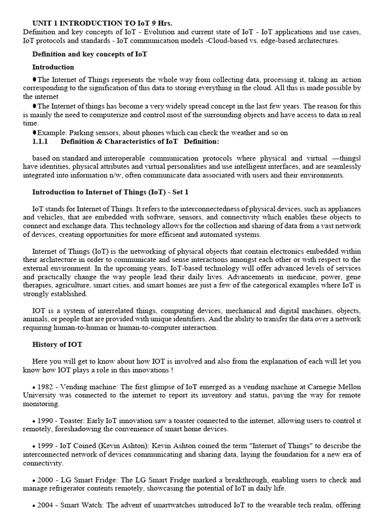 Unit 1 Introduction to Iot[1] | PDF | Internet Of Things | Transmission ...
