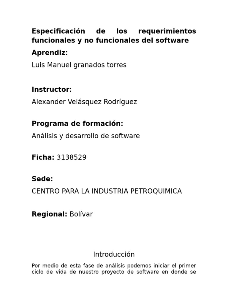 Especificación de Los Requerimientos Funcionales y No Funcionales Del Software. GA1-220501092 ...