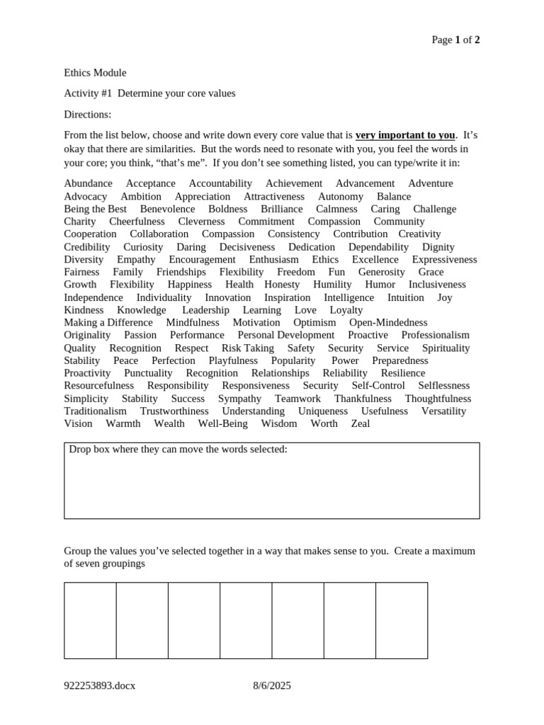 Core Values Assessment Worksheet | PDF | Value (Ethics) | Compassion