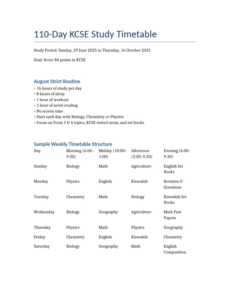 KCSE 110 Day Timetable | PDF