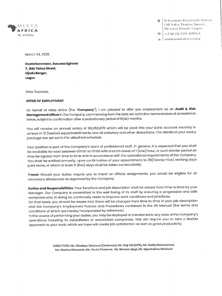 Success Osato Offer Letter 2 | PDF