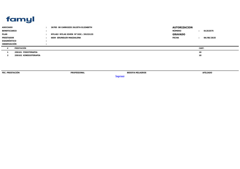 Autorización de Prestaciones para Carrozo | PDF