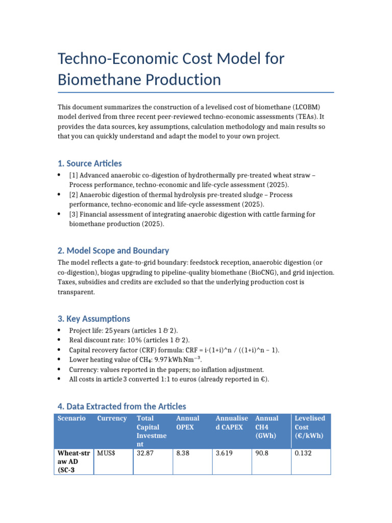 Biomethane Production Cost Model Guide | PDF | Anaerobic Digestion ...