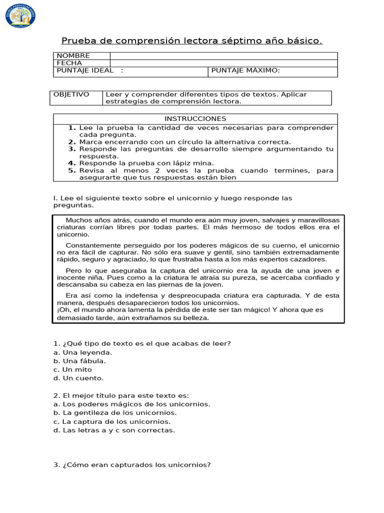 Prueba de Comprensión Lectora 7° Básico | PDF | Tortuga marina | Unicornio