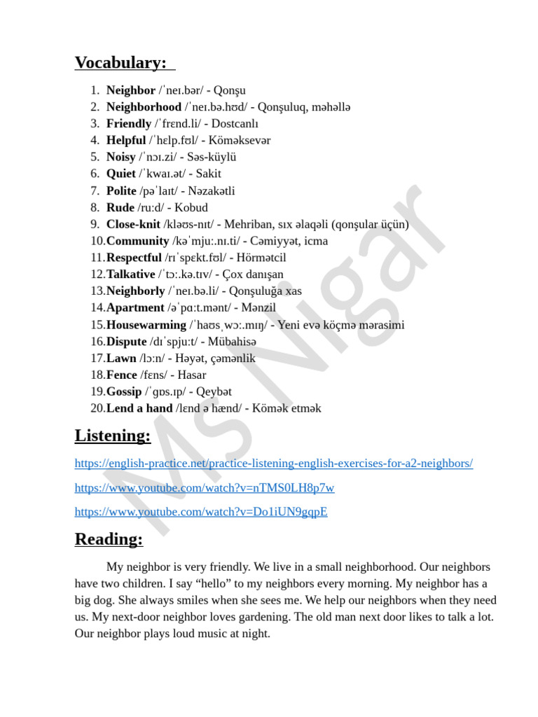 50 - Neigbour (Adult) (Homework) | PDF | Candy | Linguistics