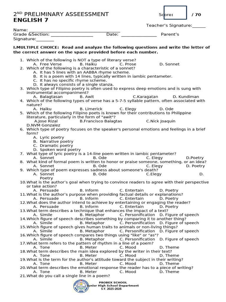 English 7 Literary Assessment Quiz | PDF | Poetry | Sonnets