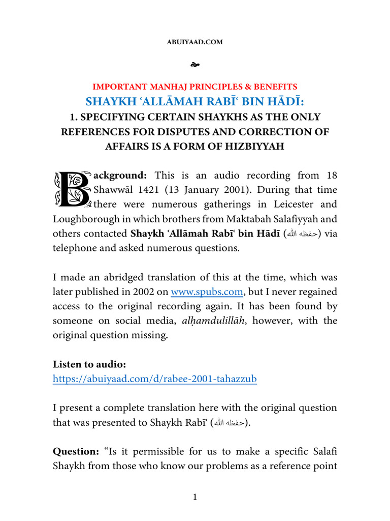Rabee 01 Specifying Shaykhs | PDF | Abrahamic Religions
